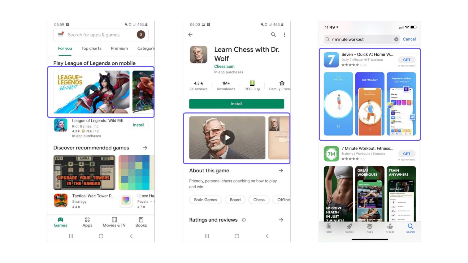 Differences for app videos on Google Play Store and Apple App Store