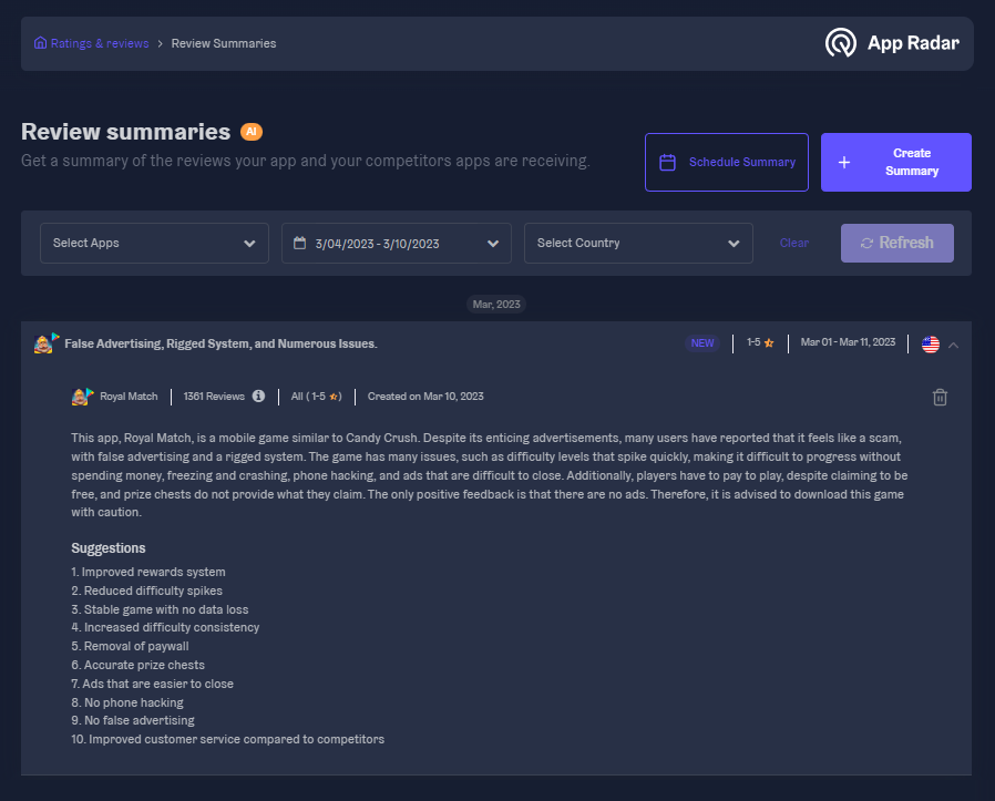 AI Review Summaries: Get user insights about your and your competitor's apps with a few clicks